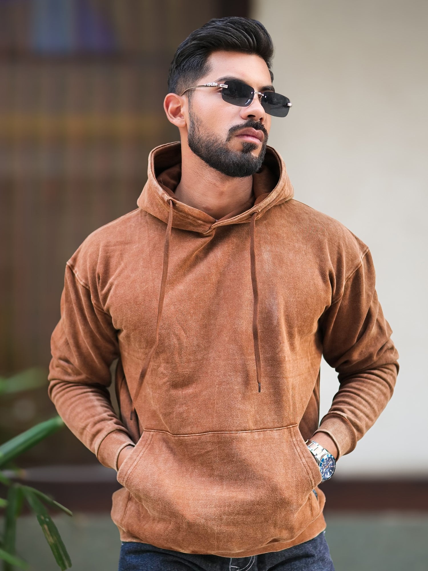 Rugged Acid Wash Brown Hooded Sweatshirt